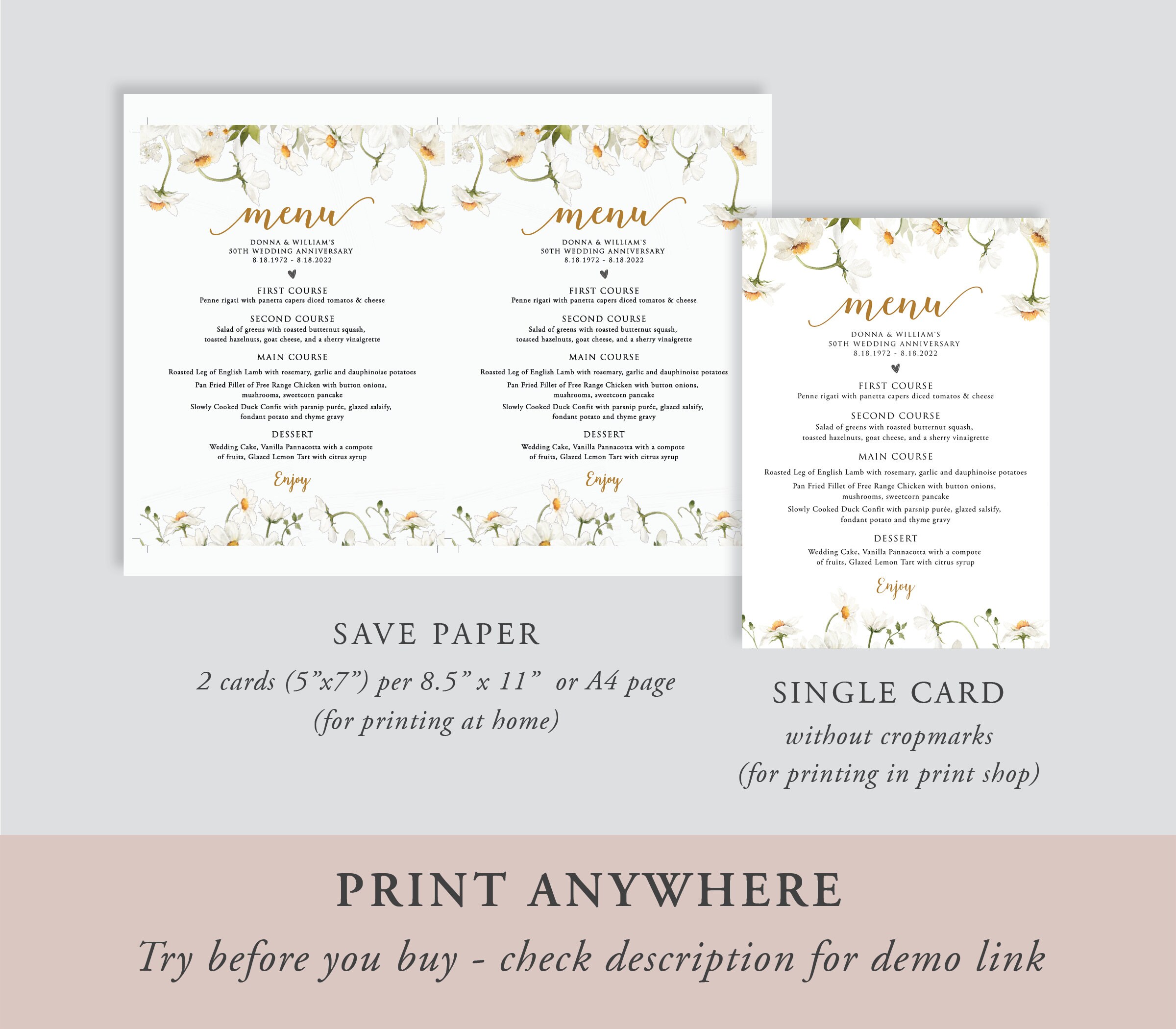 Daisy Menu Template Wedding Anniversary Menu Floral - Etsy