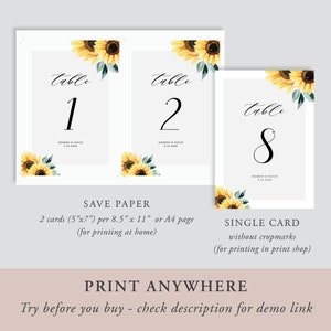 Sunflower Table Number Card Template, Sunflower Table Number, Wedding ...