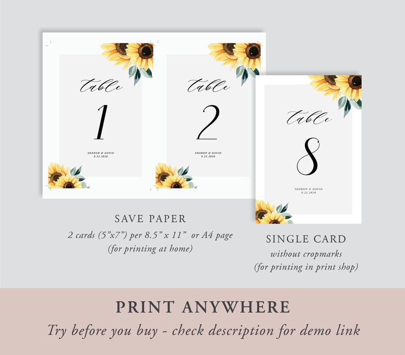 Sunflower Table Number Card Template Sunflower Table Number - Etsy