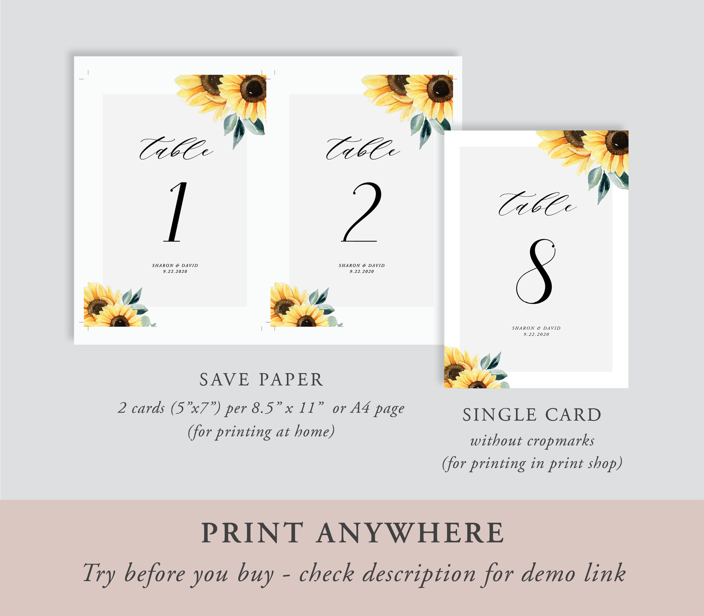 Sunflower Wedding Table Number Card, Dinner Table Decoration Printable ...