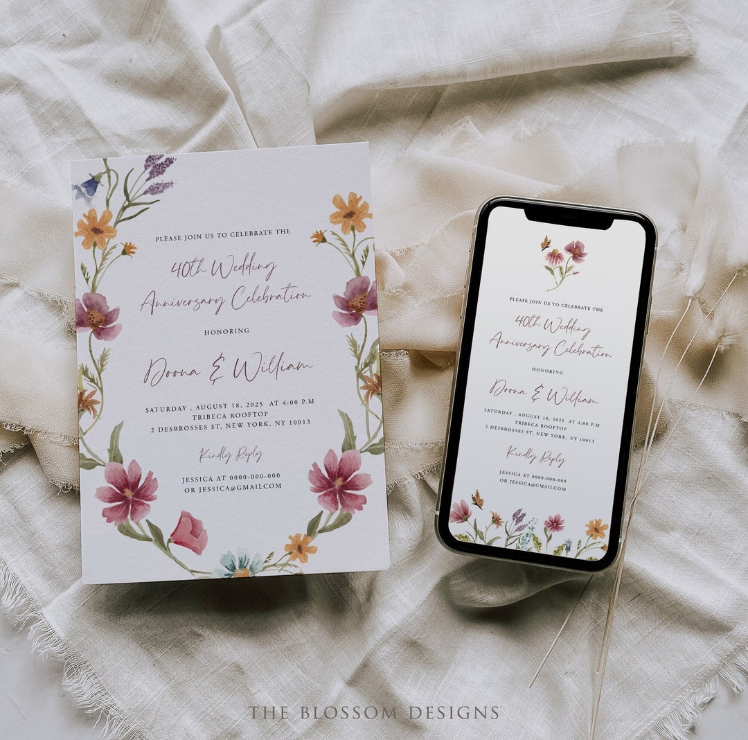 Wildflower Anniversary Invitation and Electronic Invite, Editable ...