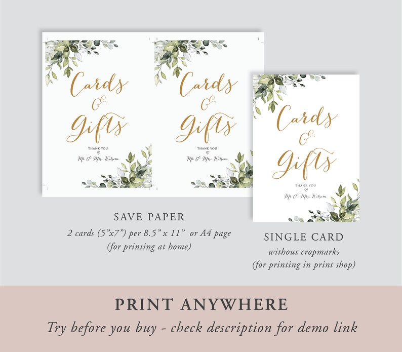 Cards and Gifts Sign Greenery Signs Printable Reception - Etsy