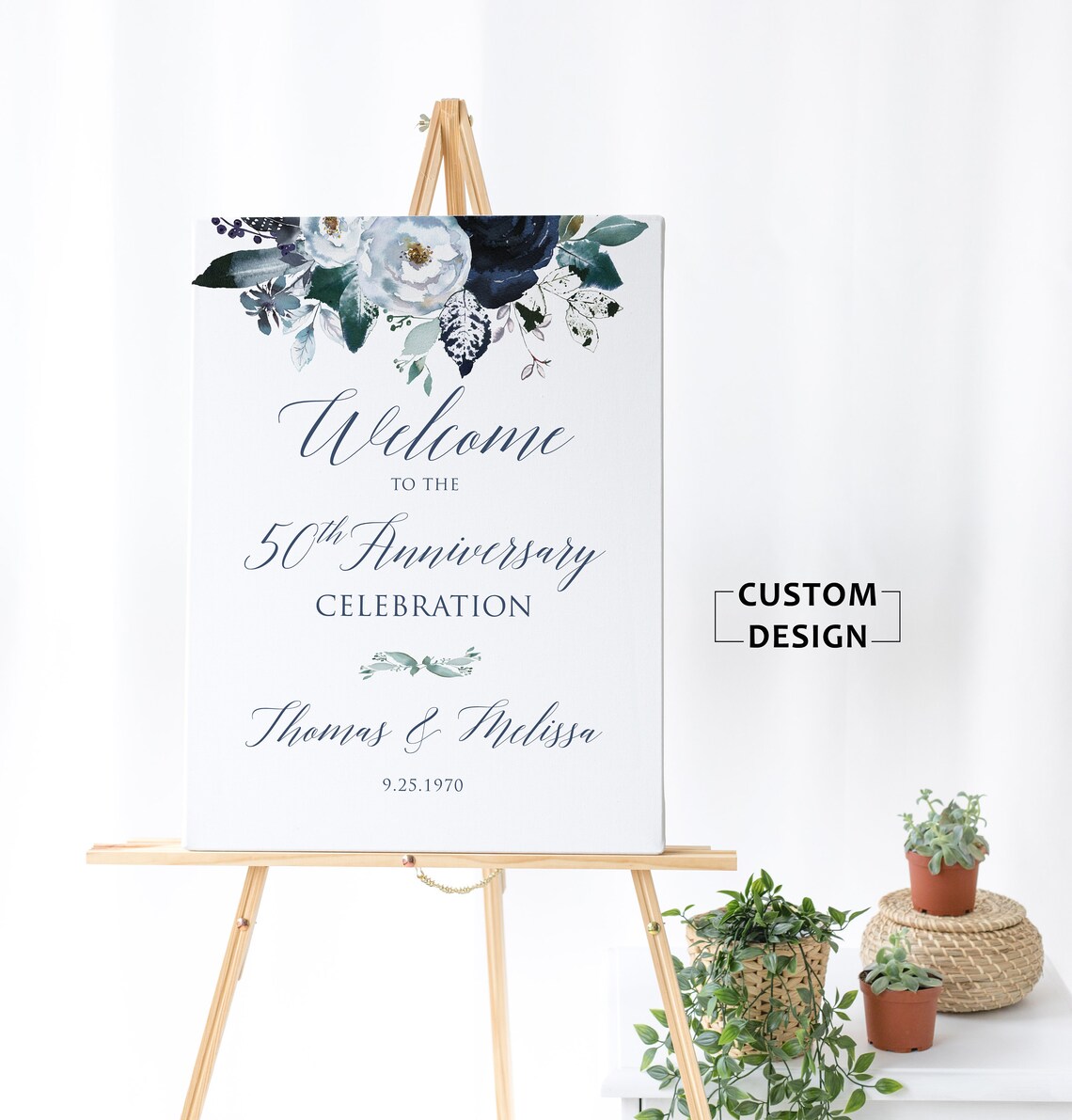 Navy Floral 50th Anniversary Signs Rustic 50th Anniversary | Etsy