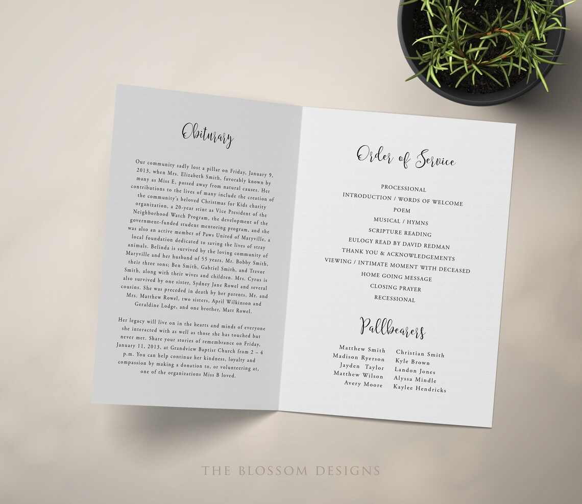 Funeral Program Template Minimal Funeral Program Celebration | Etsy
