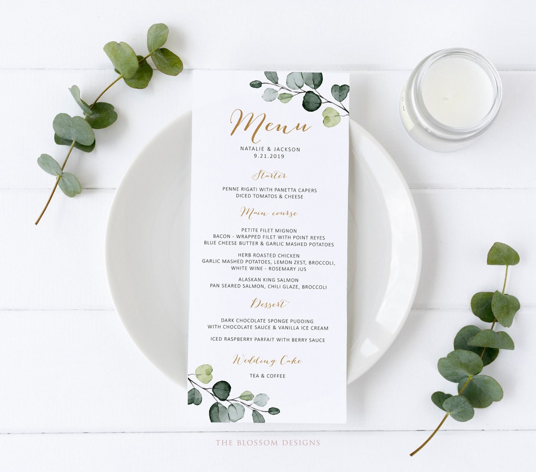 Greenery Wedding Menu, Printable Wedding Menu, Menu Card, Rustic Dinner ...