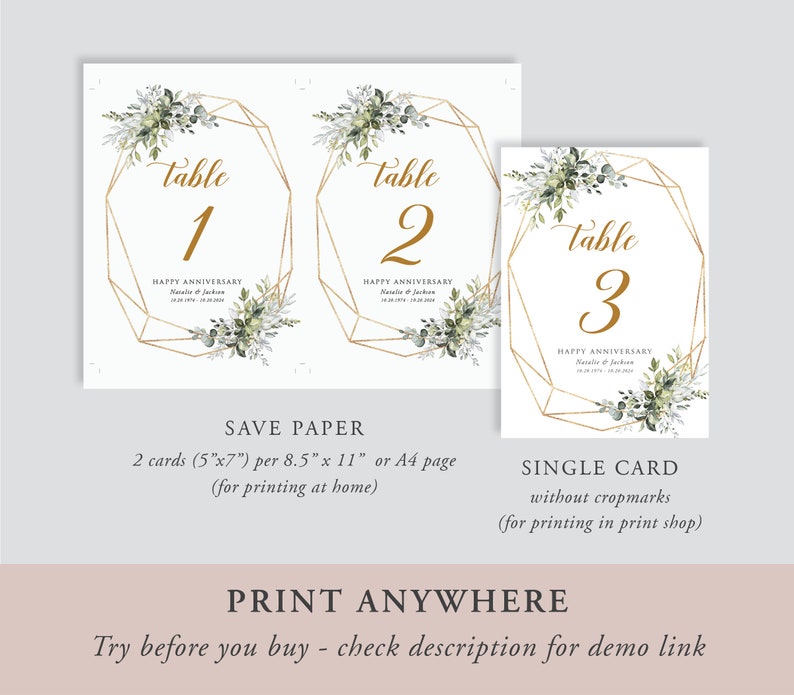 Anniversary Table Numbers Template, Greenery Table Numbers Card, Table ...