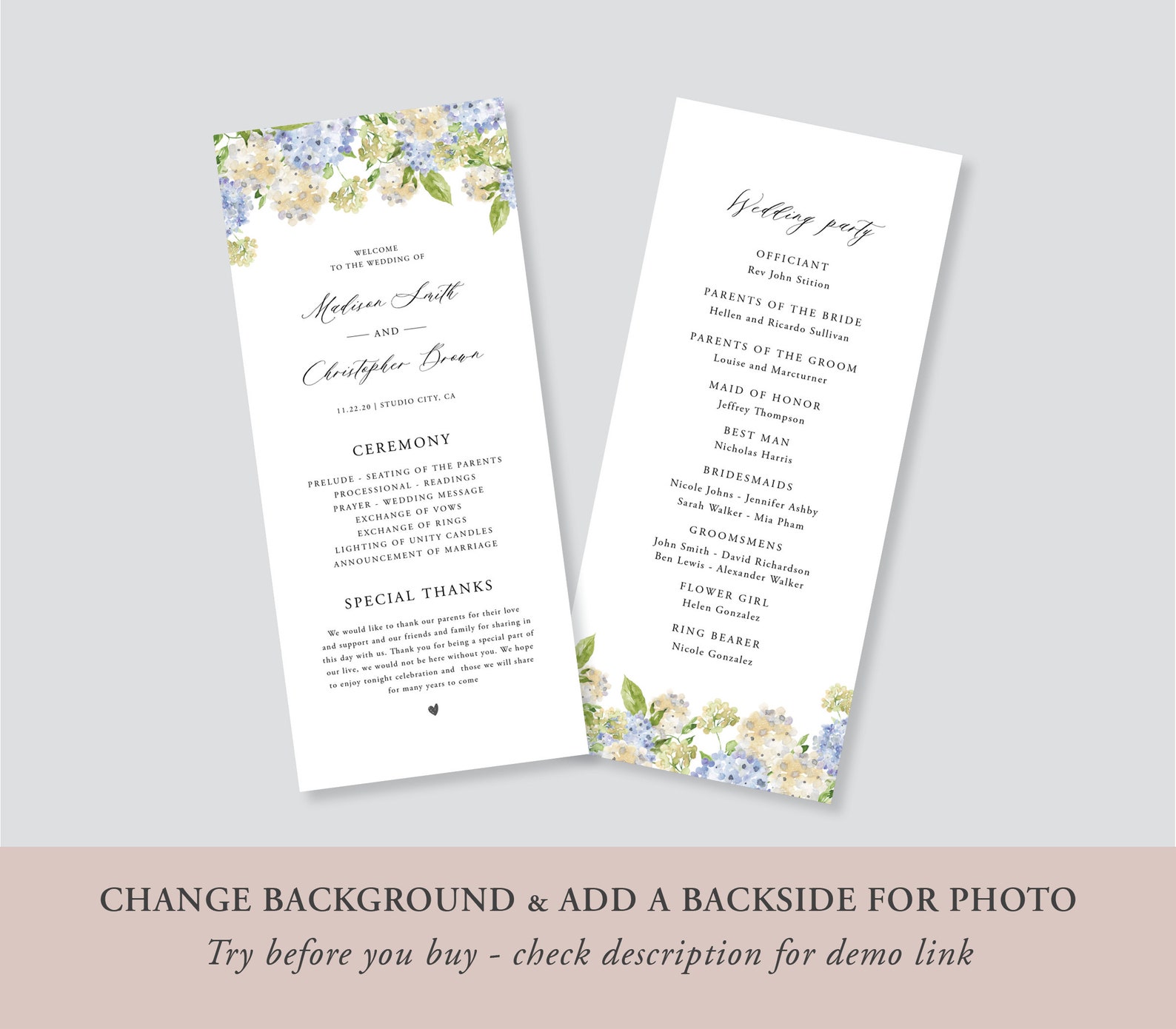 Hydrangea Wedding Program Template Editable Wedding Program | Etsy