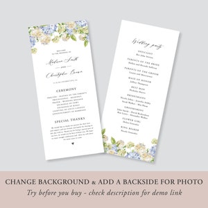 Hydrangea Wedding Program Template, Editable Wedding Program, Order of Service, Printable ...