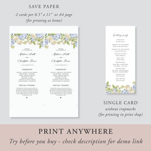 Hydrangea Wedding Program Template, Editable Wedding Program, Order of Service, Printable ...