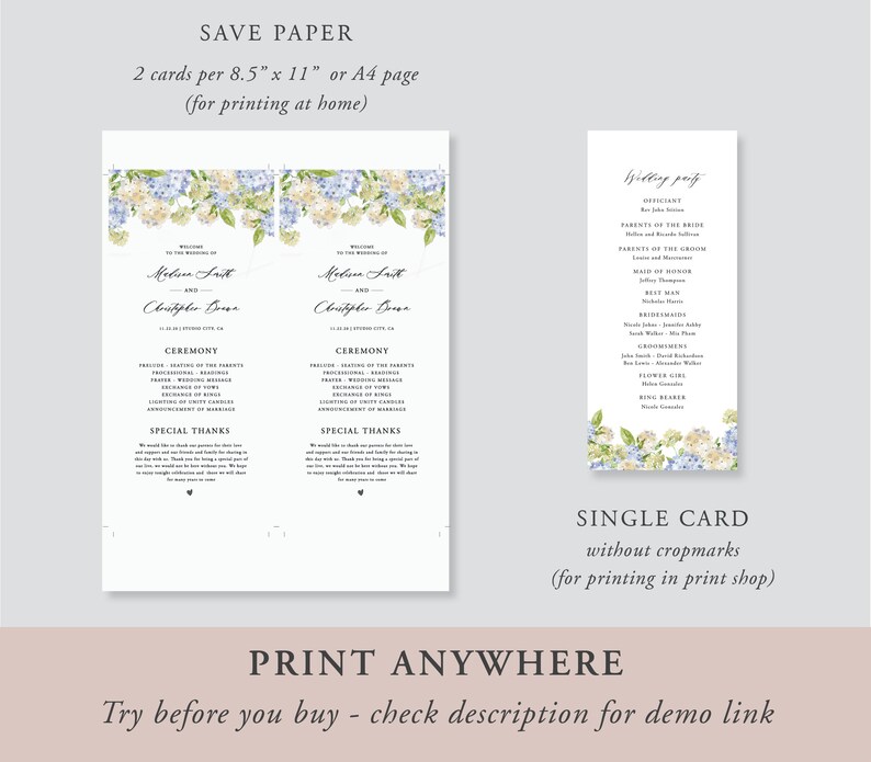 Hydrangea Wedding Program Template Editable Wedding Program | Etsy