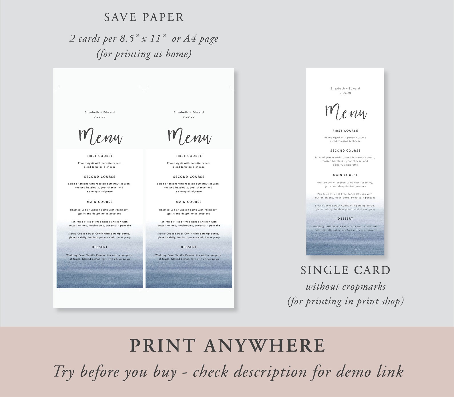 Navy Blue Wedding Menu Template Printable Wedding Menu Dusty - Etsy