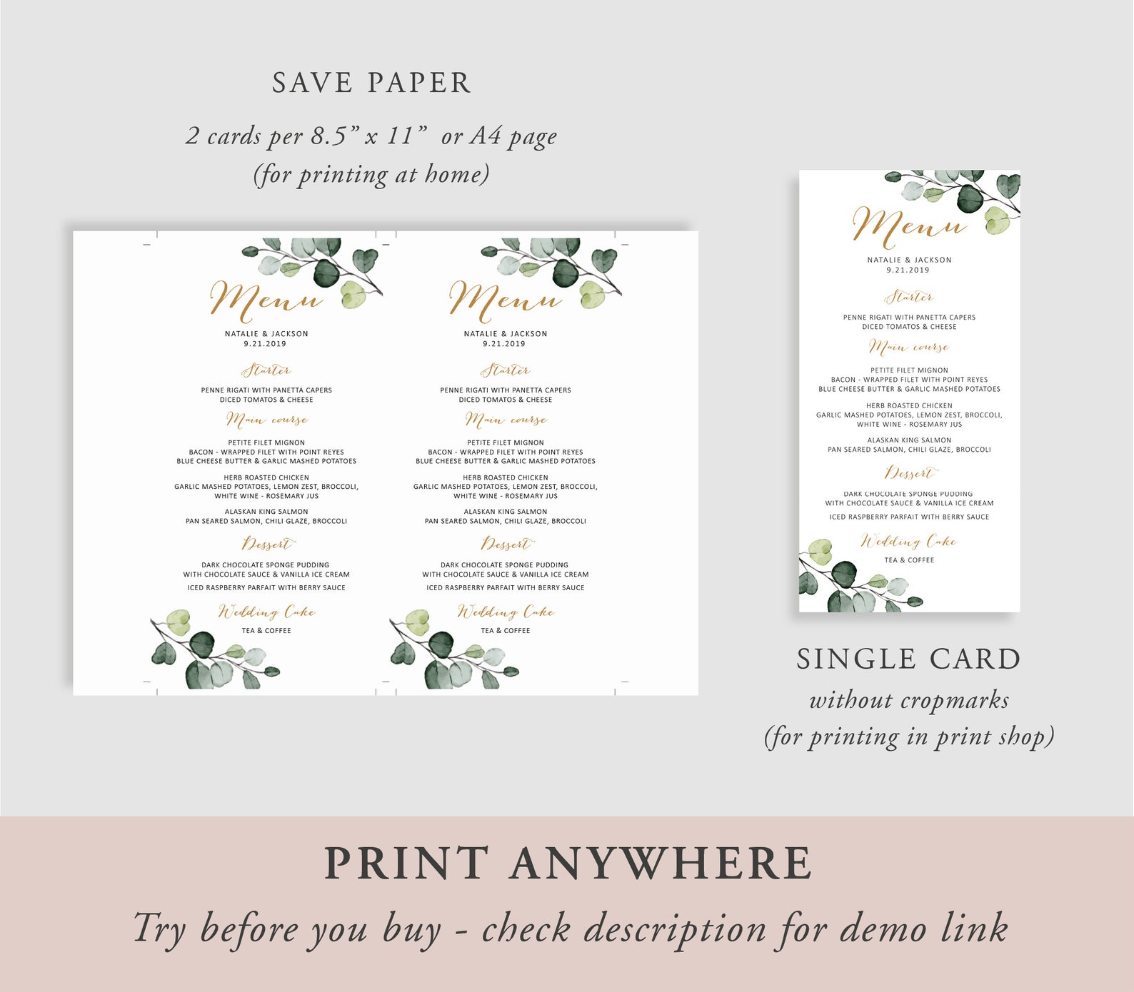 Greenery Wedding Menu Printable Wedding Menu Menu Card | Etsy