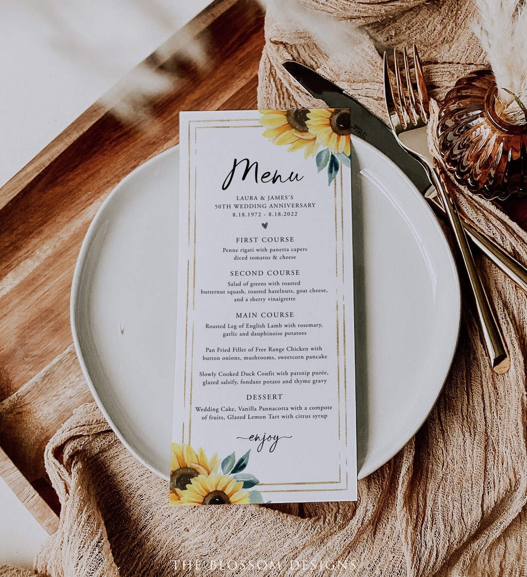 Sunflower Menu Template, Wedding Anniversary Menu, Gold Anniversary ...