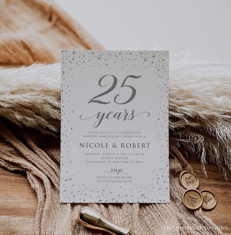 Silver 25th Anniversary Invitation, Printable Template (digital ...