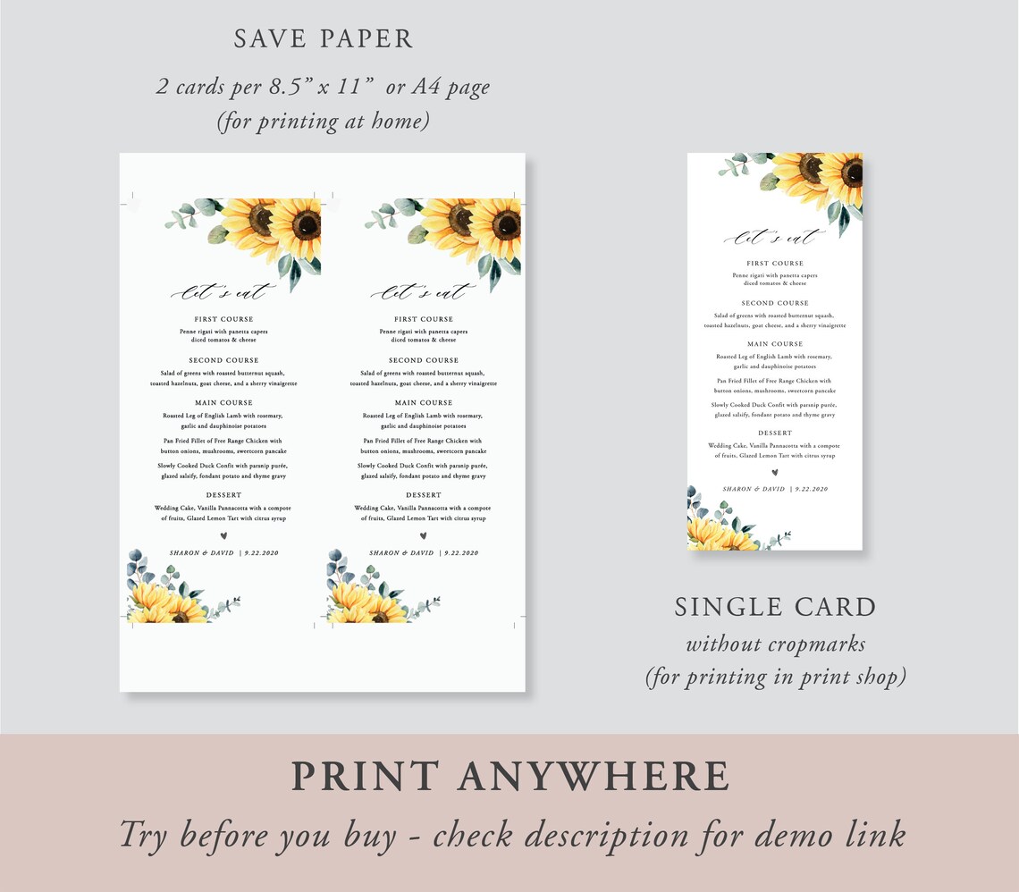 Sunflower Wedding Menu Template, Rustic Dinner Menu Printable, Editable ...