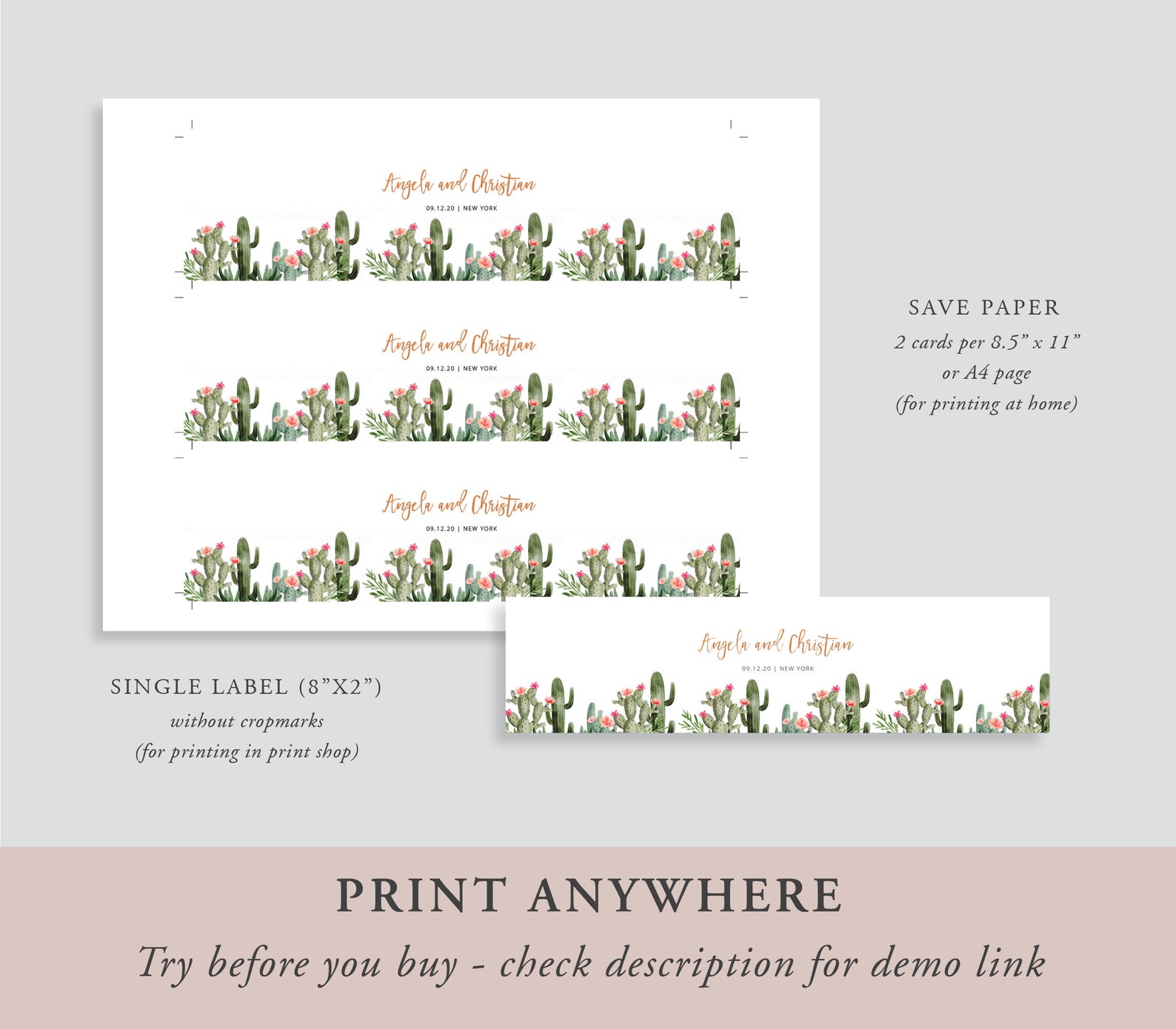 Cactus Water Bottle Label Template Editable Water Label Baby - Etsy