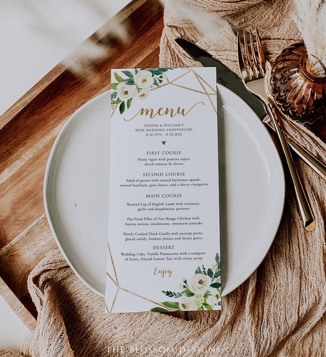 Greenery Menu Template, Wedding Anniversary Menu, Floral Anniversary ...