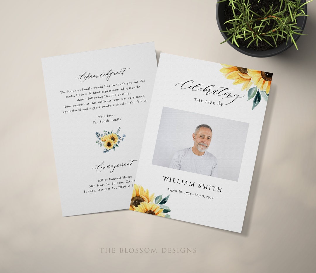 Funeral Program Template, Sunflower Funeral Program Printable, Funeral ...