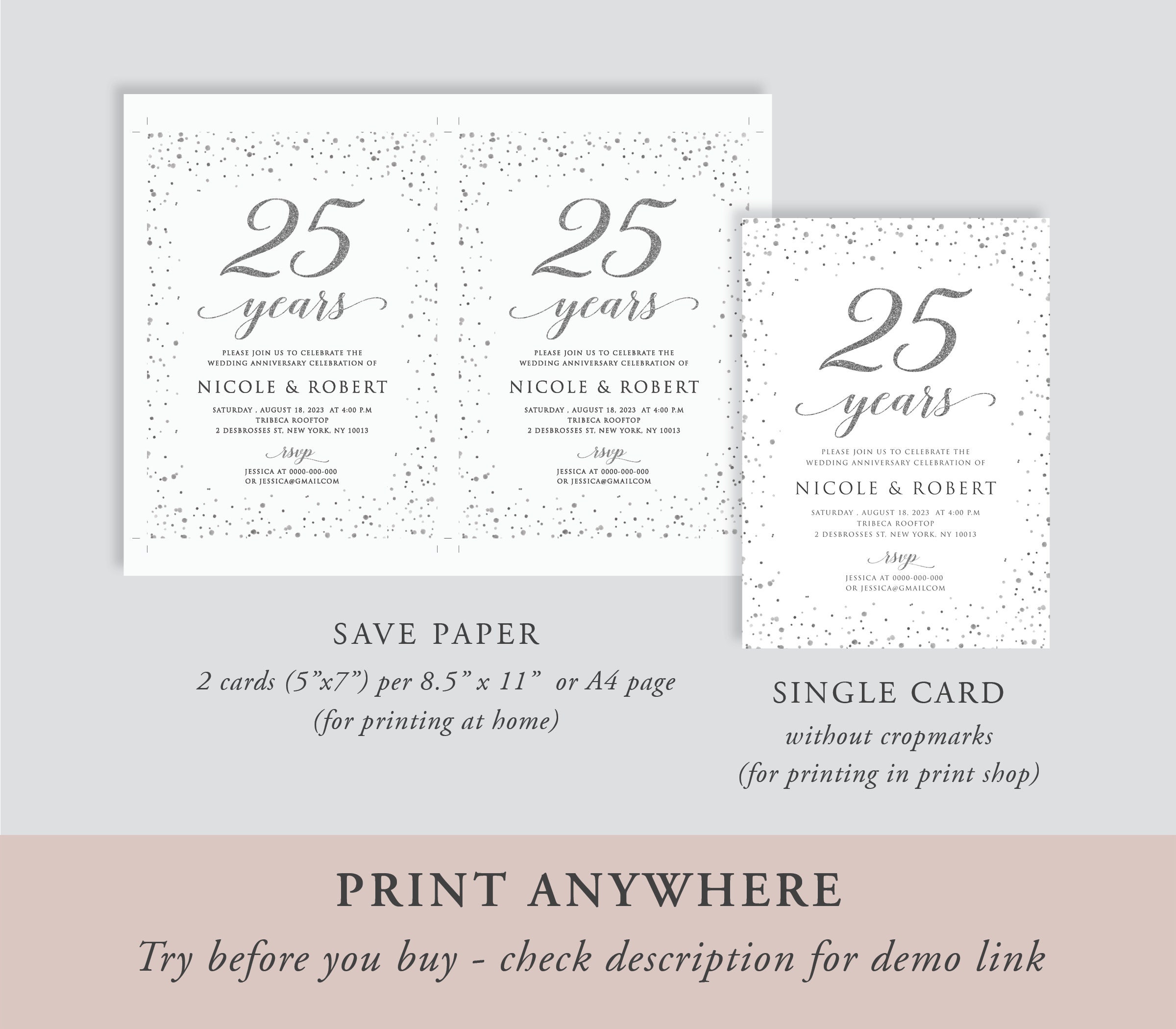 Silver 25th Anniversary Invitation, Printable Template (digital ...