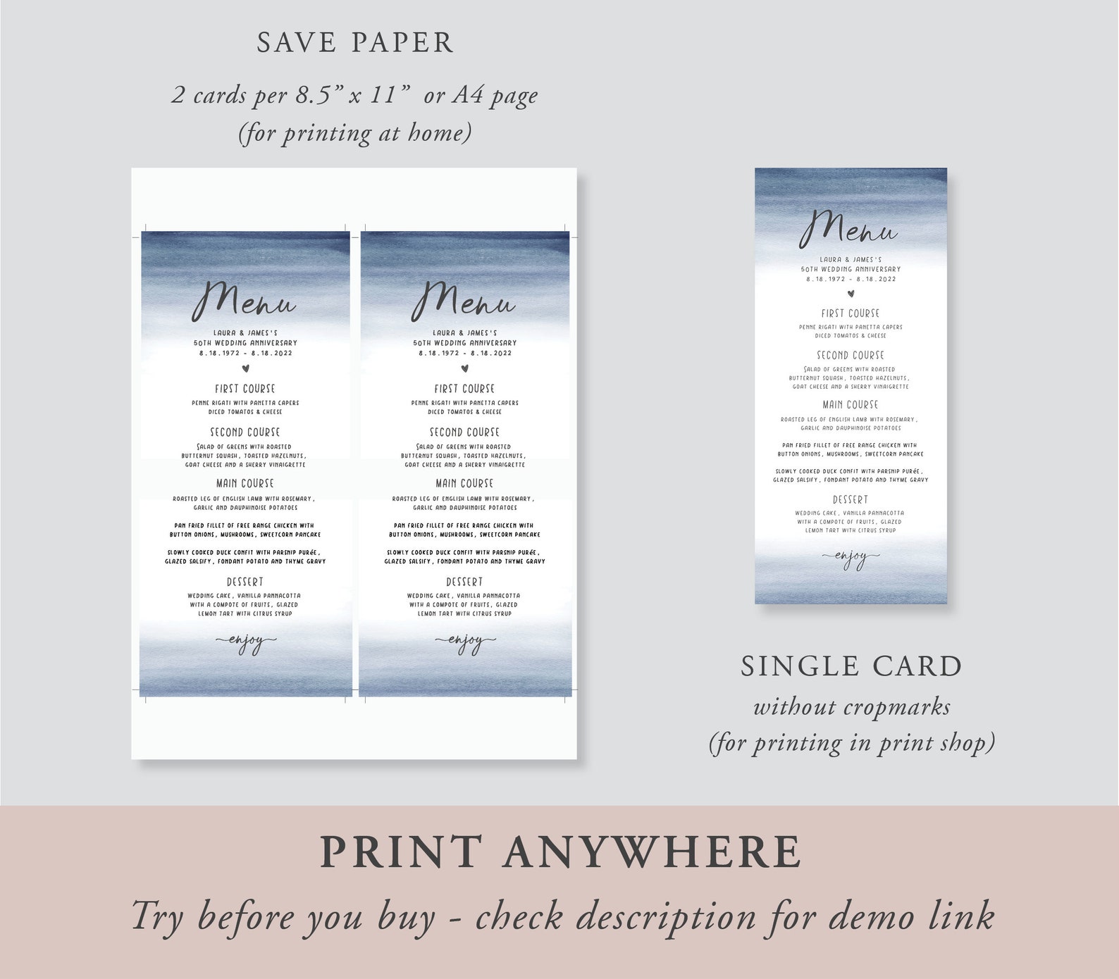 Navy Menu Template, Wedding Anniversary Menu, Navy Anniversary Menu ...