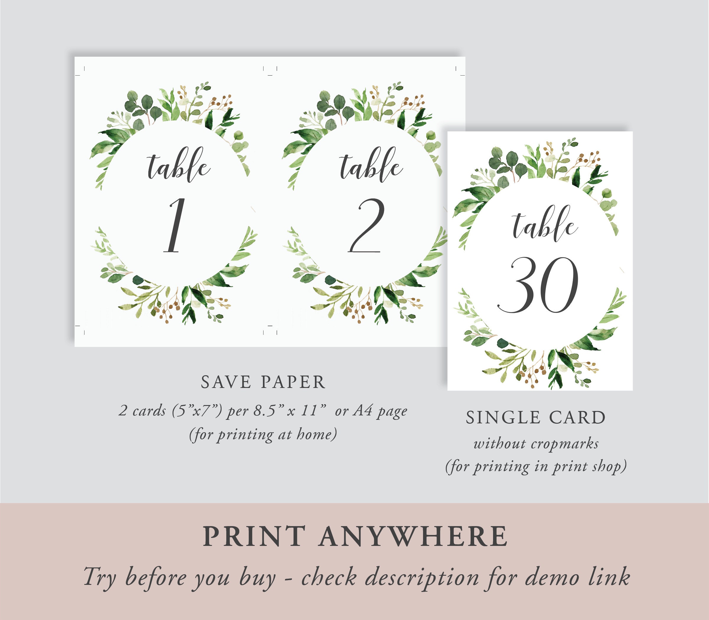 Greenery Wedding Table Numbers Template (digital Download), GN17 - Etsy