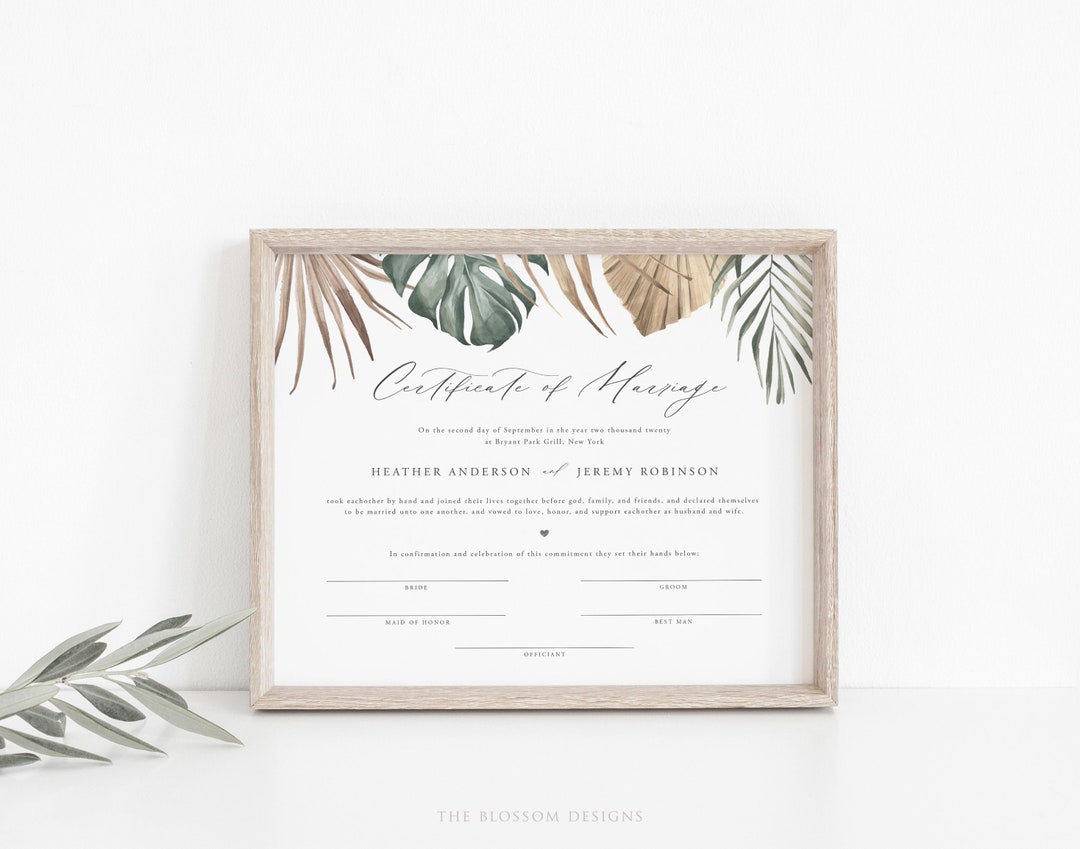 Certificado de matrimonio, Certificado de boda tropical, Recuerdo de ...