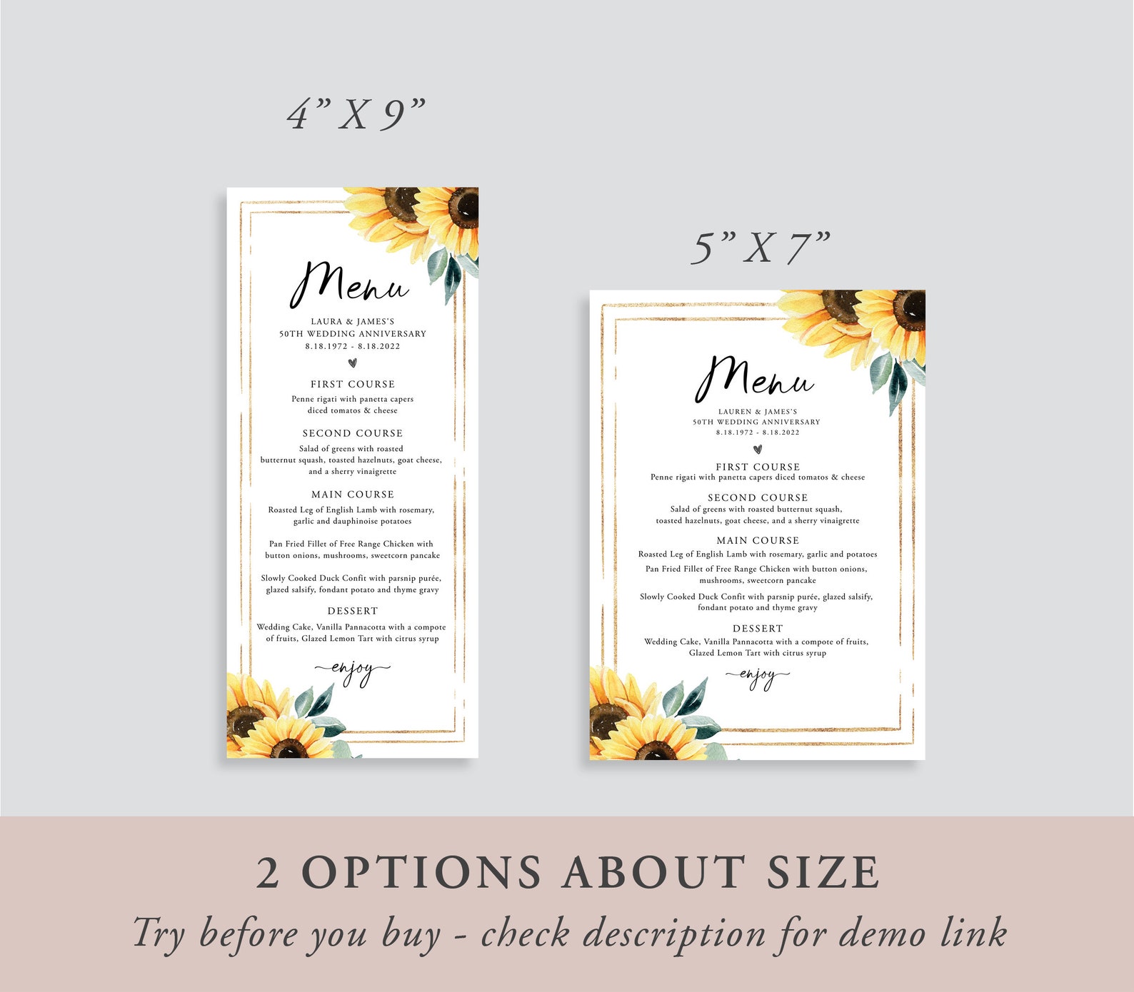 Sunflower Menu Template Wedding Anniversary Menu Gold - Etsy