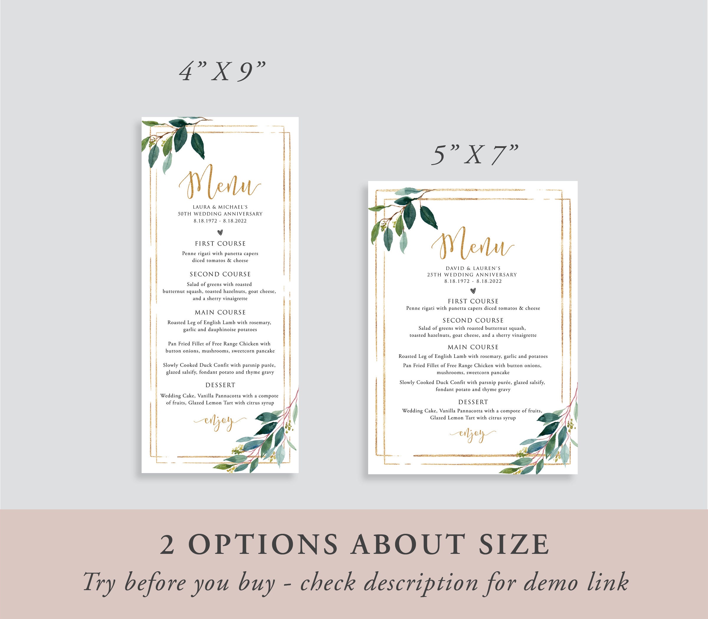Greenery Menu Template Wedding Anniversary Menu Gold | Etsy