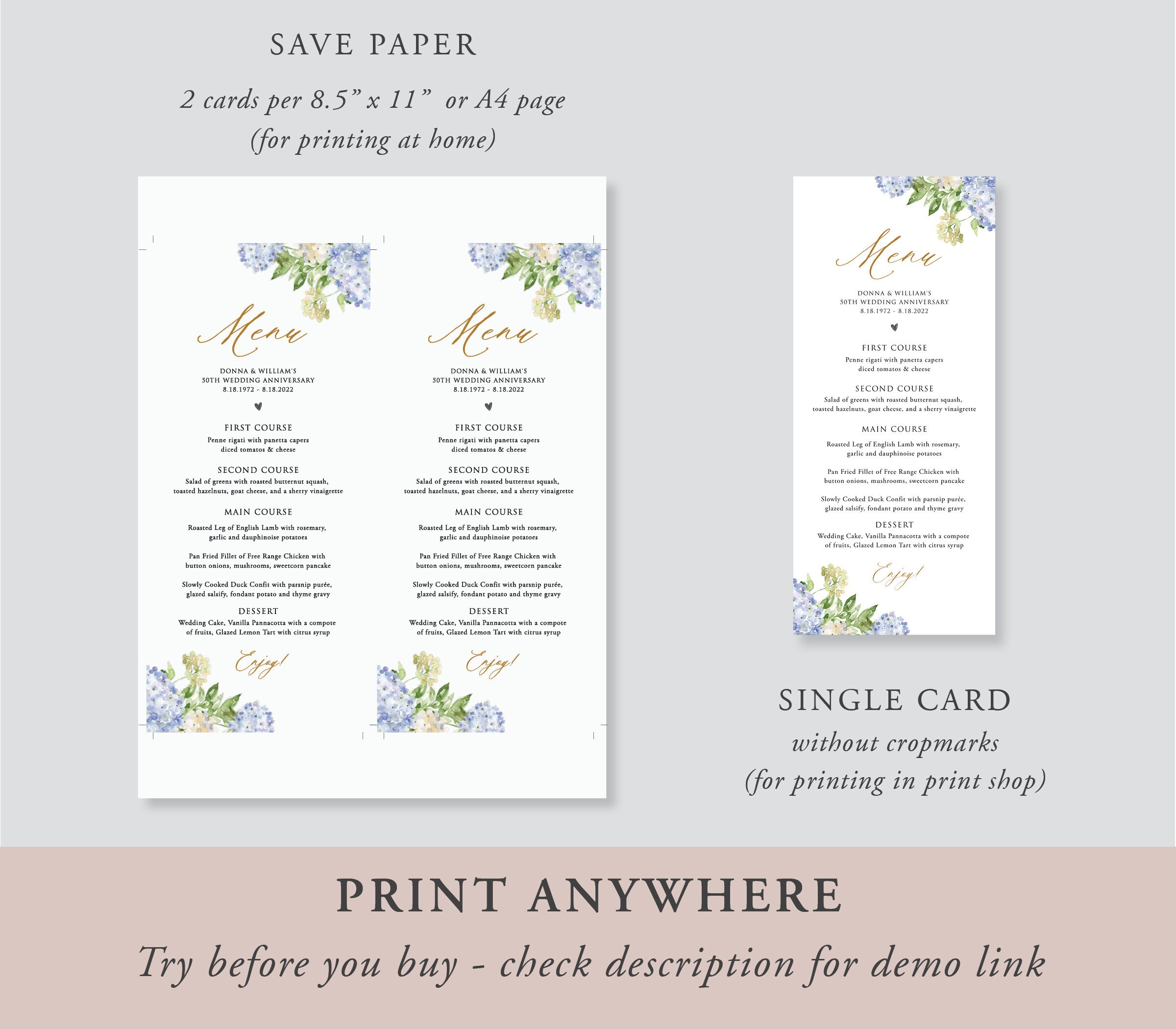Hydrangea Menu Template Wedding Anniversary Menu Floral - Etsy