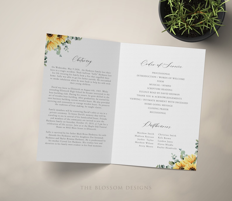 Sunflower Funeral Program Template, Printable Memorial Card, Editable ...