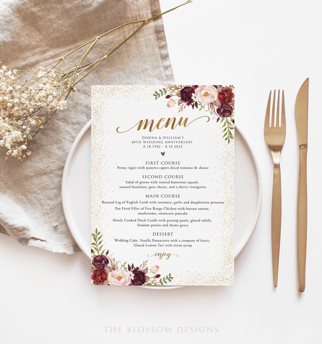 Burgundy Menu Template, Wedding Anniversary Menu, Gold Anniversary Menu ...