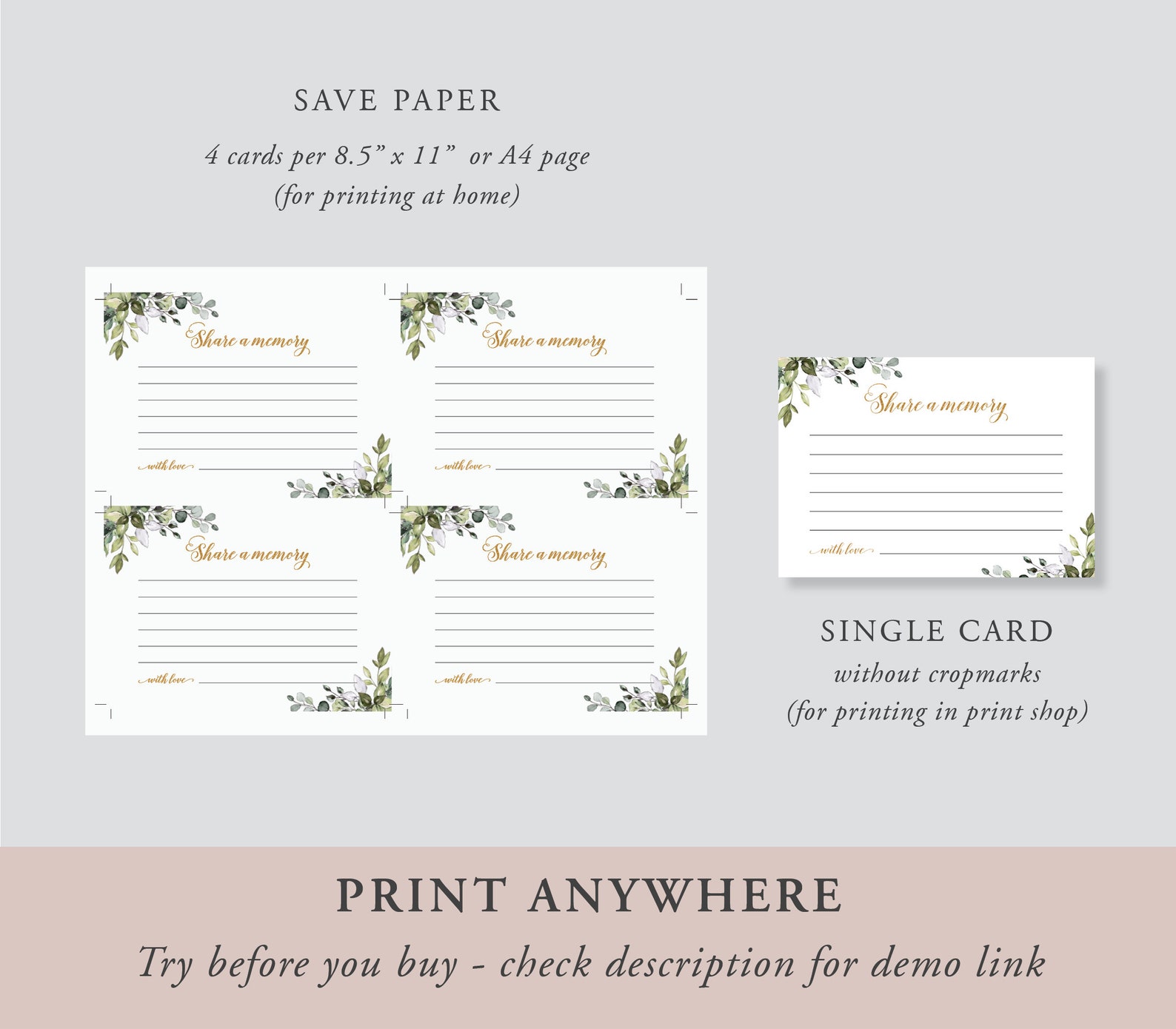 Greenery Funeral Share a Memory Card and Sign, Printable (instant ...