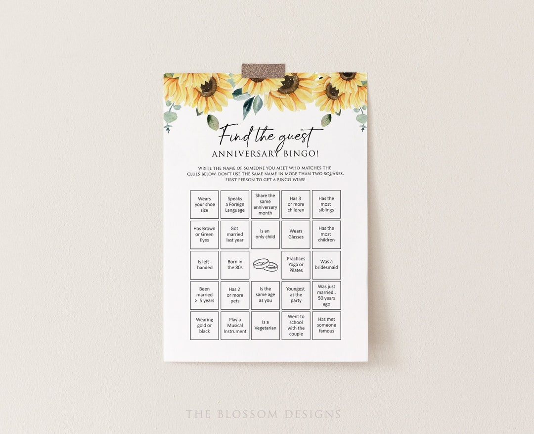 Sunflower Anniversary Party Bingo Game, Find the Guest, Printable ...