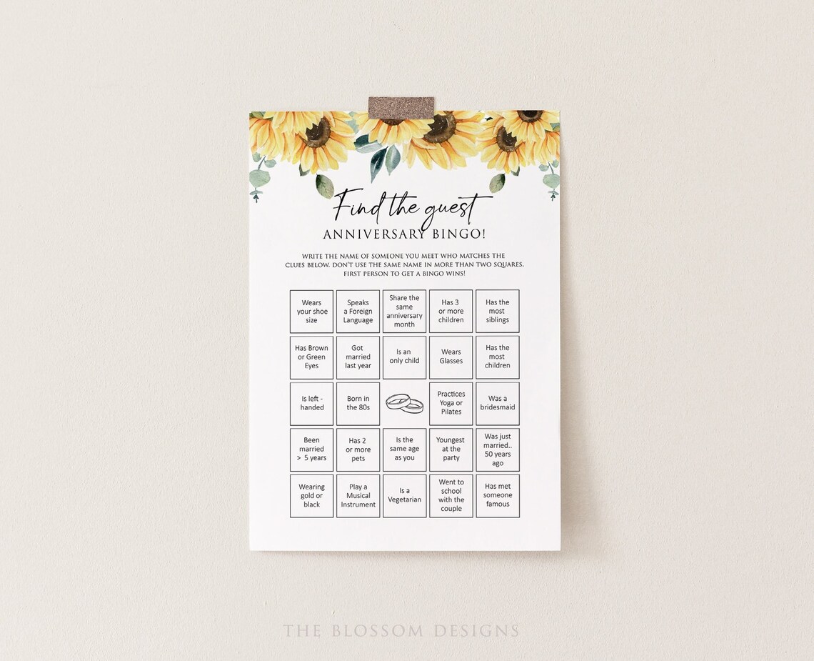 Sunflower Anniversary Party Bingo Game, Find the Guest, Printable ...