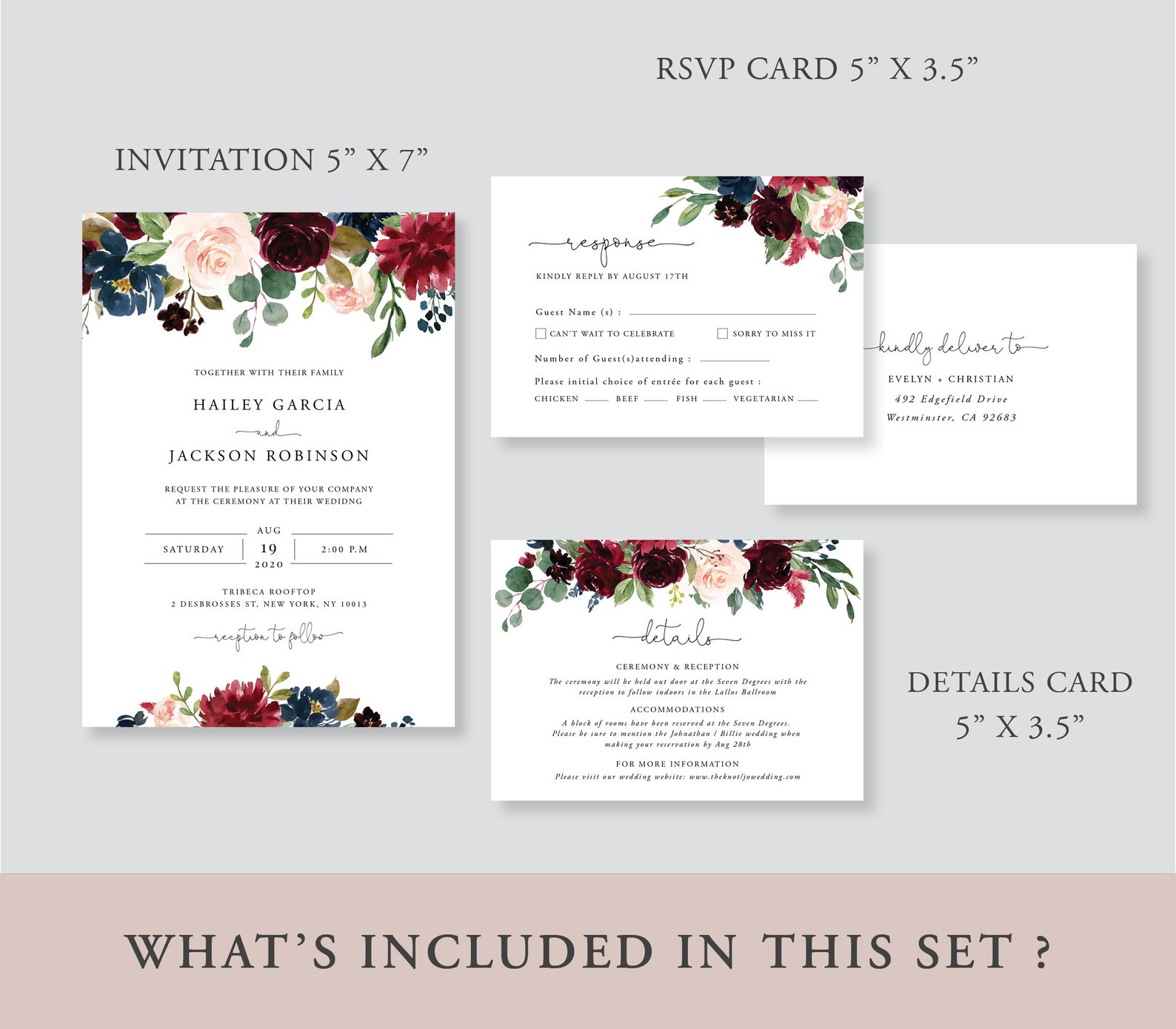 Burgundy Wedding Invitation Template, Wedding Invitation Suite, Navy ...