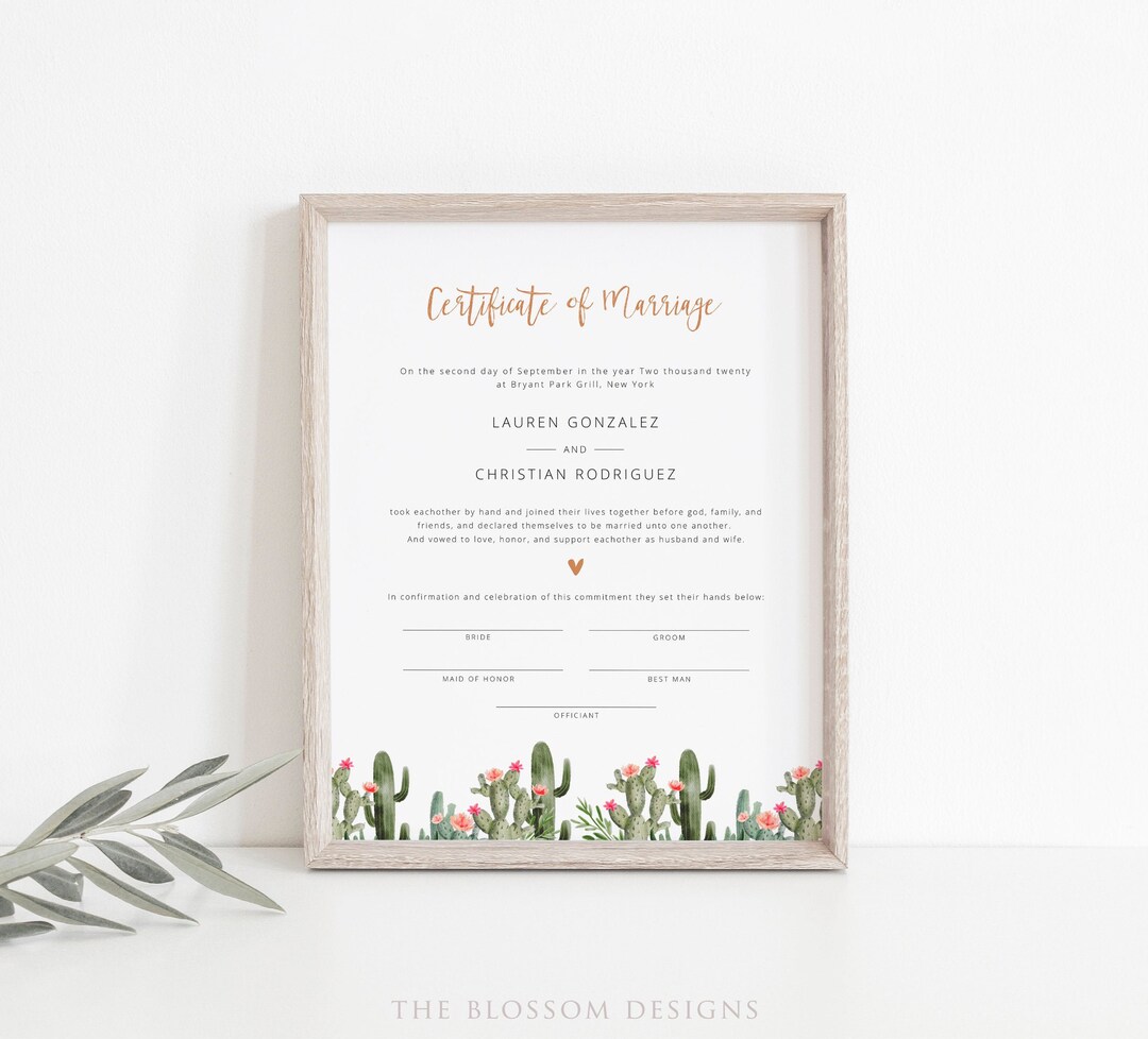 Certificate of Marriage, Cactus Wedding Certificate, Wedding Keepsake ...