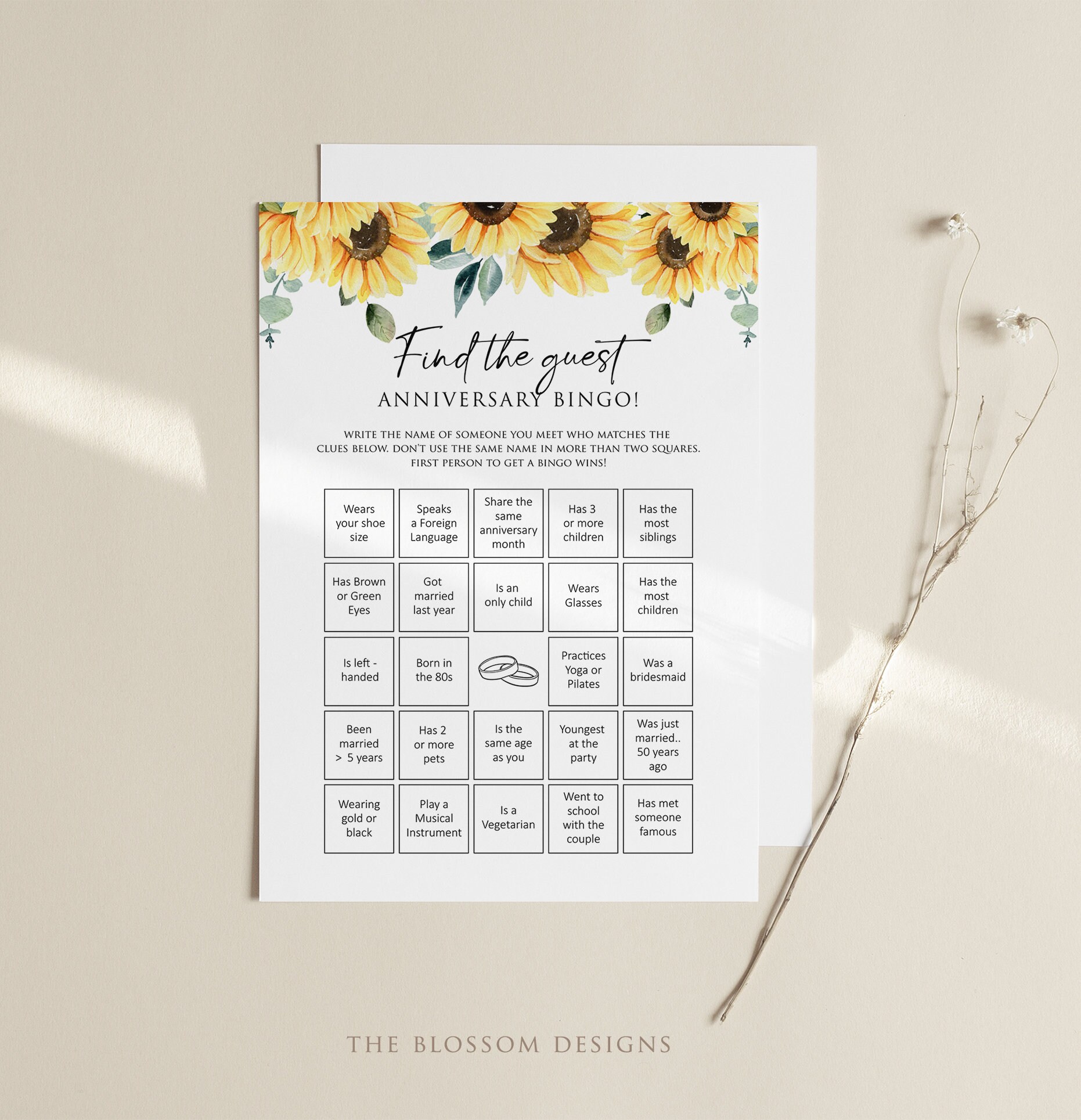 Sunflower Anniversary Party Bingo Game, Find the Guest, Printable ...