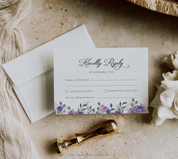 Purple Rose RSVP Card Kindly Reply Card Anniversary Reply - Etsy