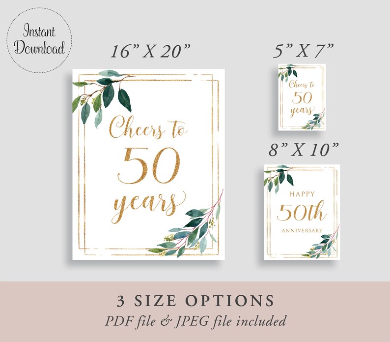 Greenery 50th Anniversary Sign, Cheers to 50 Years, Gold Wedding ...