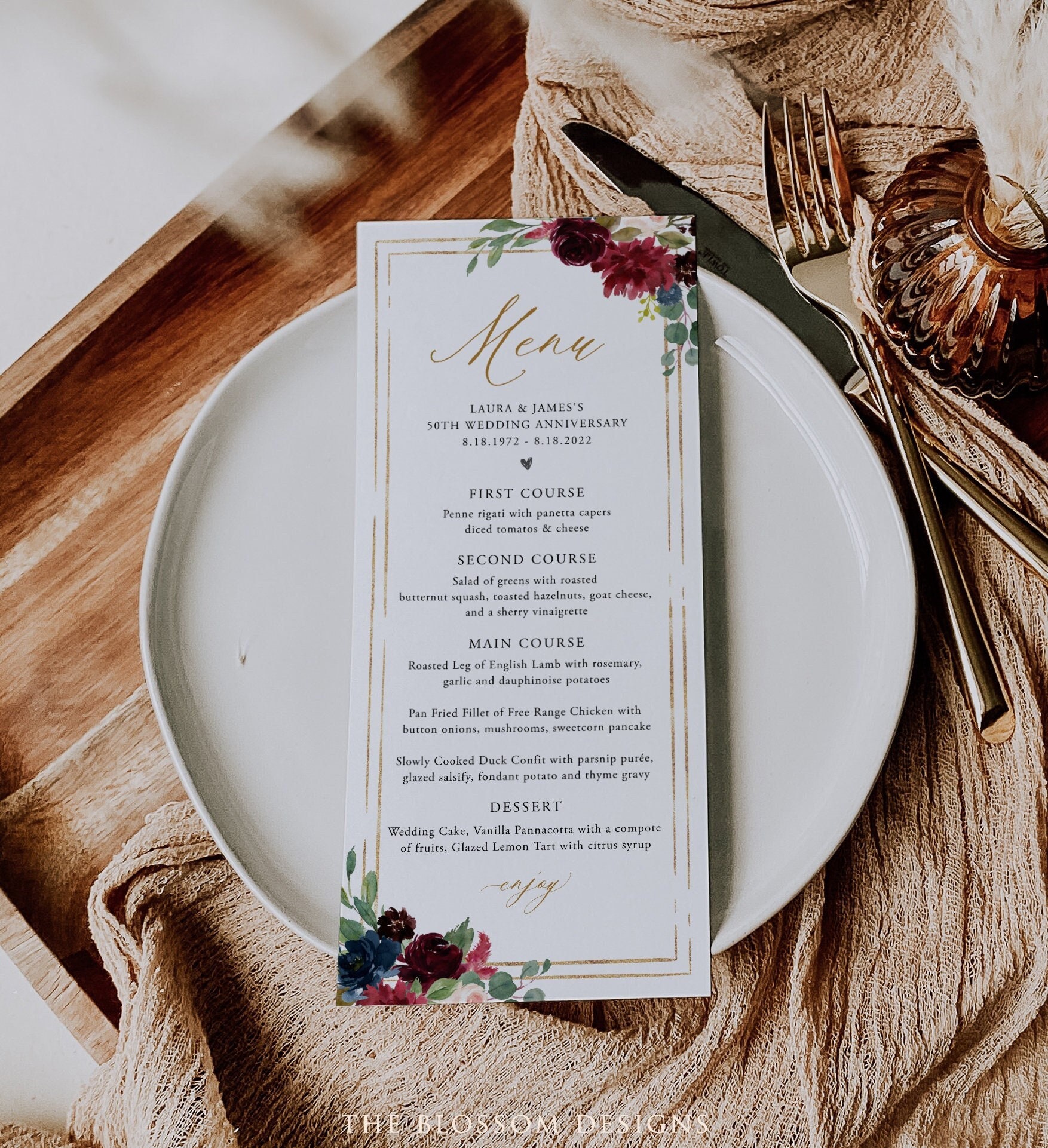 Burgundy Menu Template, Wedding Anniversary Menu, Gold Anniversary Menu ...