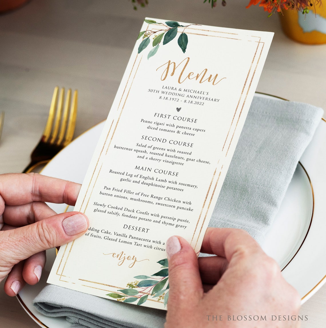 Greenery Menu Template Wedding Anniversary Menu Gold | Etsy