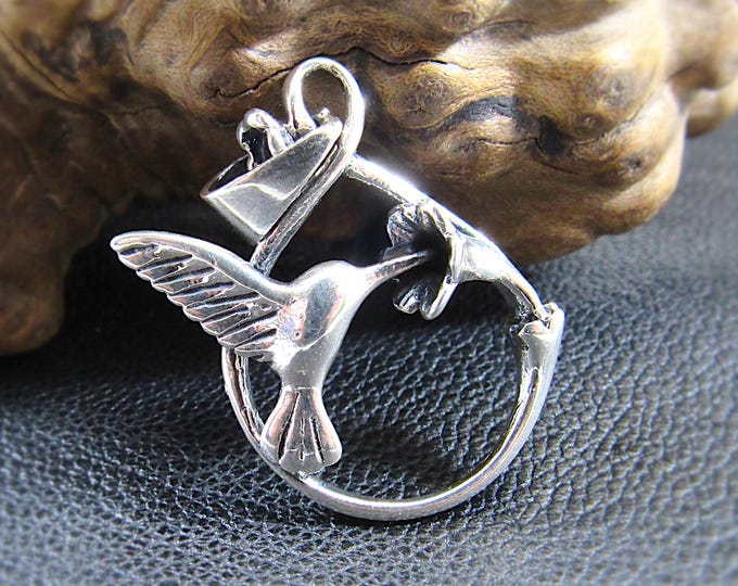 Solid 925 Sterling Silver Hummingbird Pendant, Humming Bird & Flower ...
