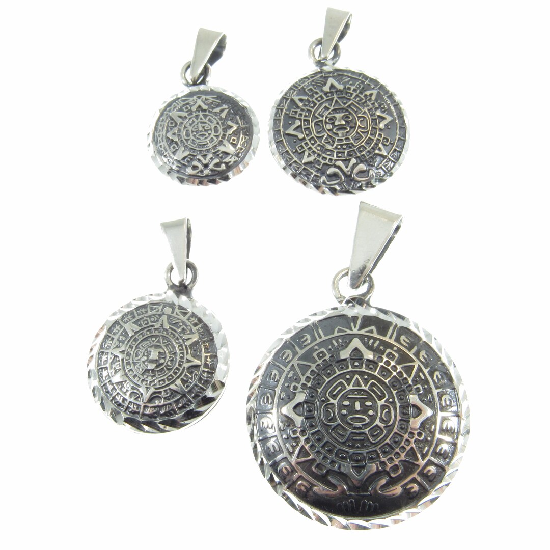Solid 925 Sterling Silver Puffed Aztec Sun Stone Pendant, Handcrafted ...