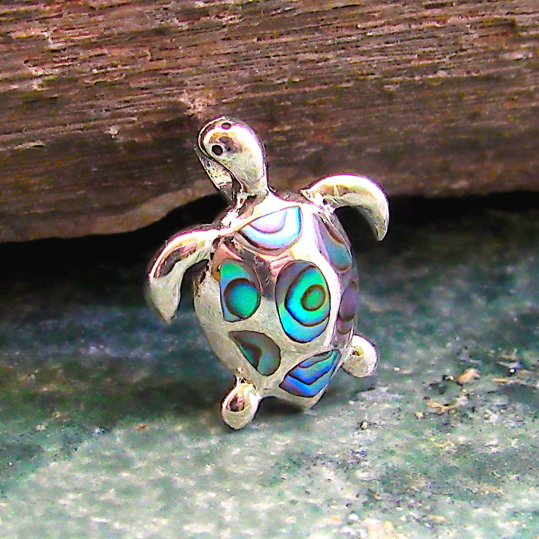 Solid 925 Sterling Silver Paua Shell Turtle Pendant – Sea Turtle Charm ...