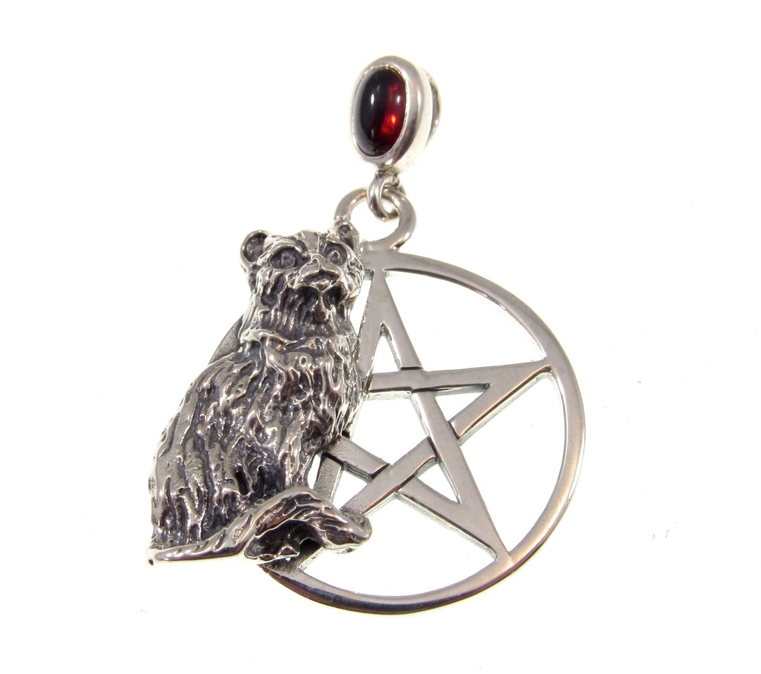 Solid 925 Sterling Silver Cat Familiar Pentacle Pendant With Gemstone ...