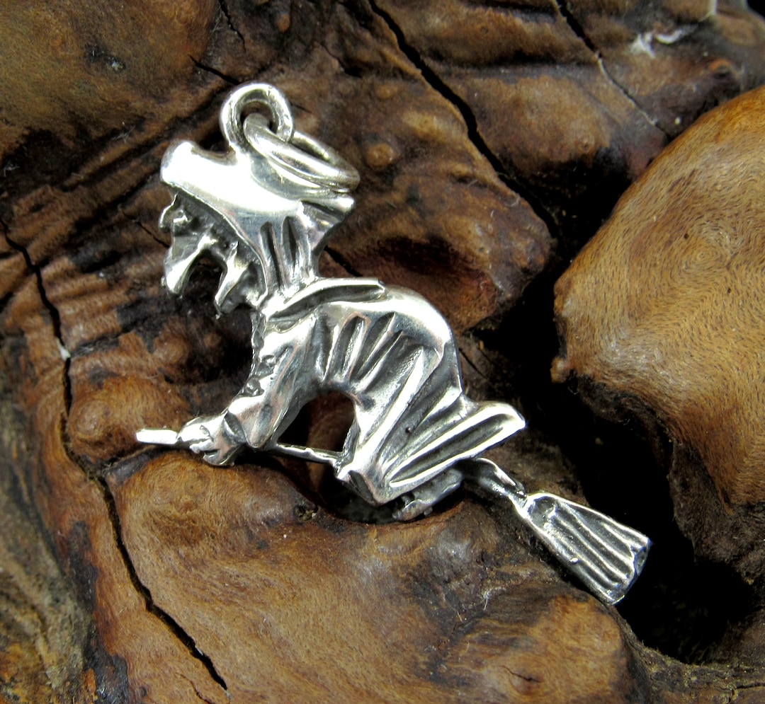 925 Sterling Silver Witch Flying on Broom Pendant - Etsy