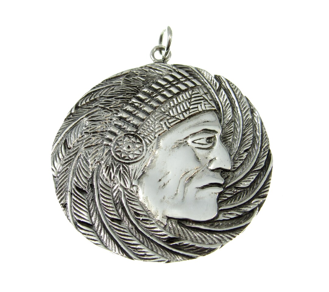 Solid 925 Sterling Silver Giant Indian Chief With Headdress Pendant ...