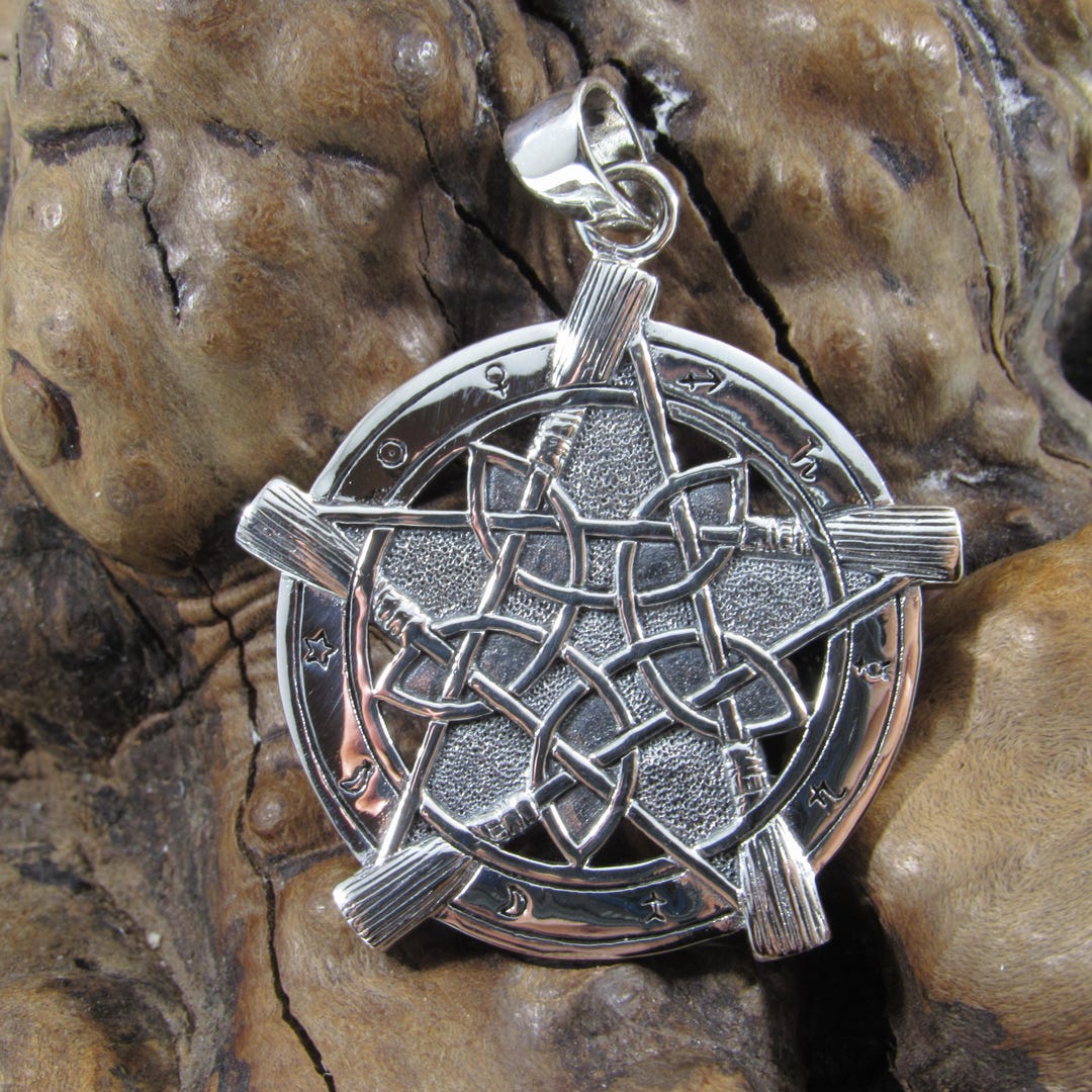 Solid 925 Sterling Silver Universe Broom Pentacle Pendant, Pentagram ...
