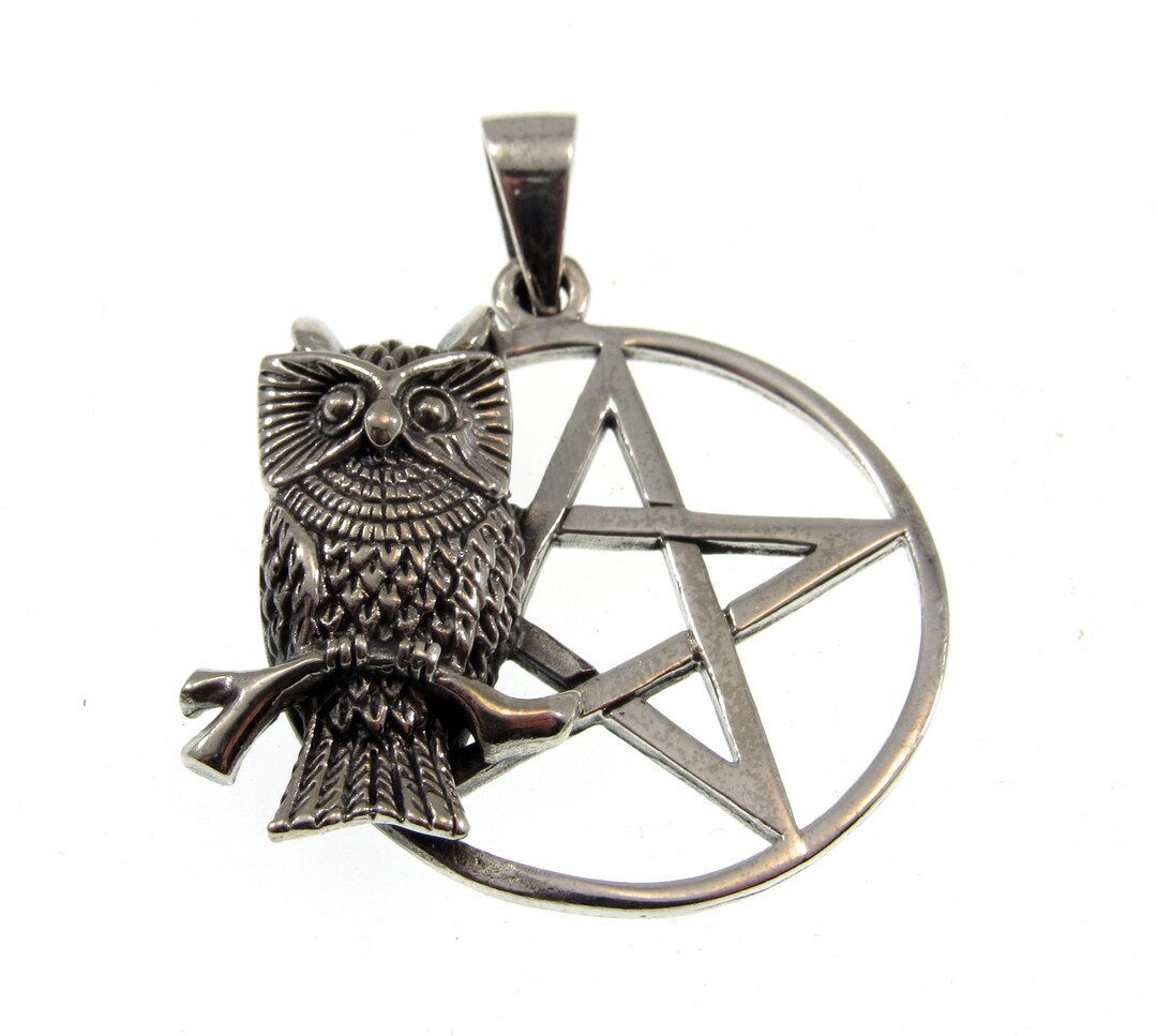 Solid 925 Sterling Silver Owl on Pentacle Pagan Pentagram Pendant ...