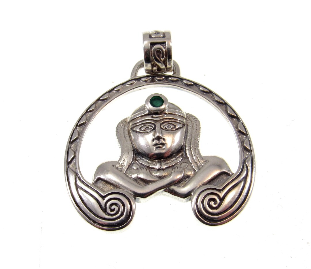 Solid 925 Sterling Silver Celtic Goddess ANU Pendant With Natural Green ...
